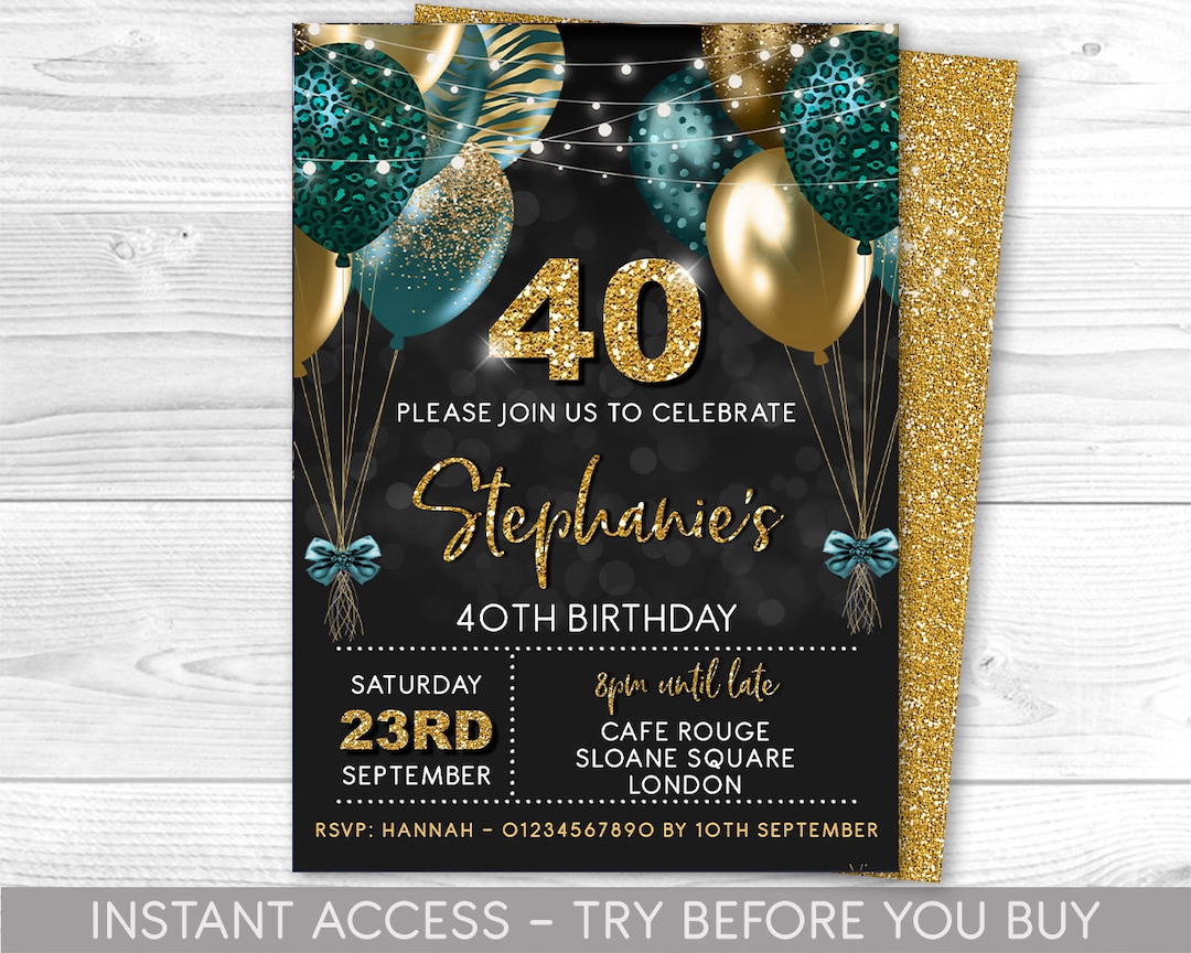 40th Birthday Invitation Editable 40th Invite Teal Green Gold ...