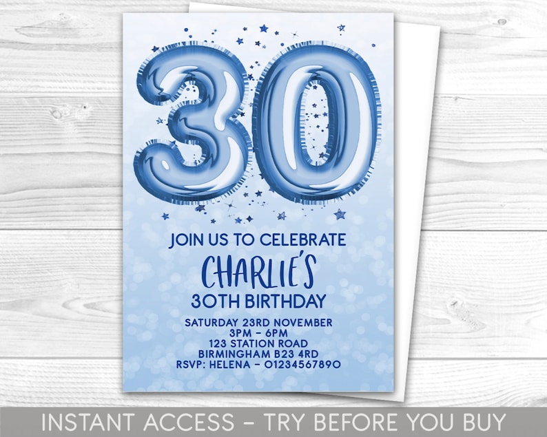 30th Birthday Invitation Editable 30th Invite Blue Mens | Etsy