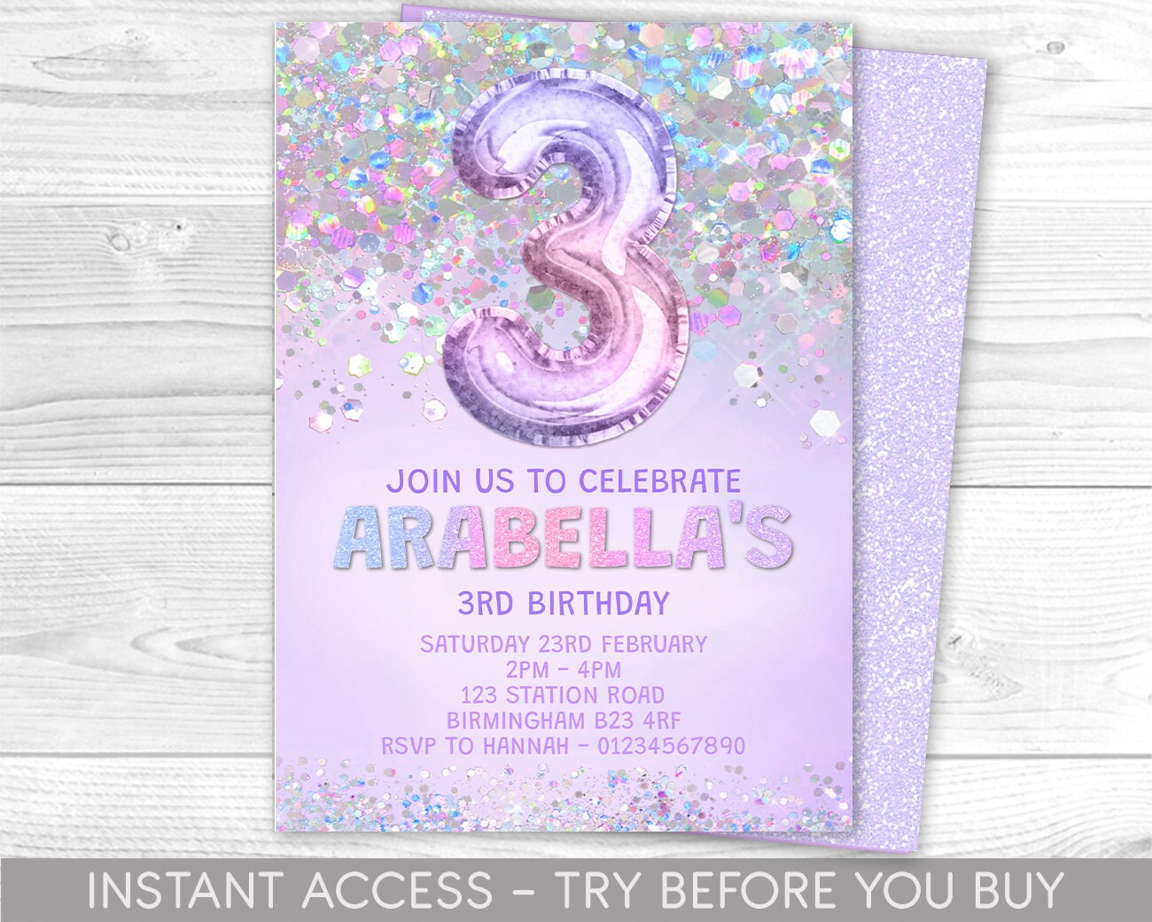 Editable 3rd Birthday Invitation Template Rainbow Lilac Glitter ...