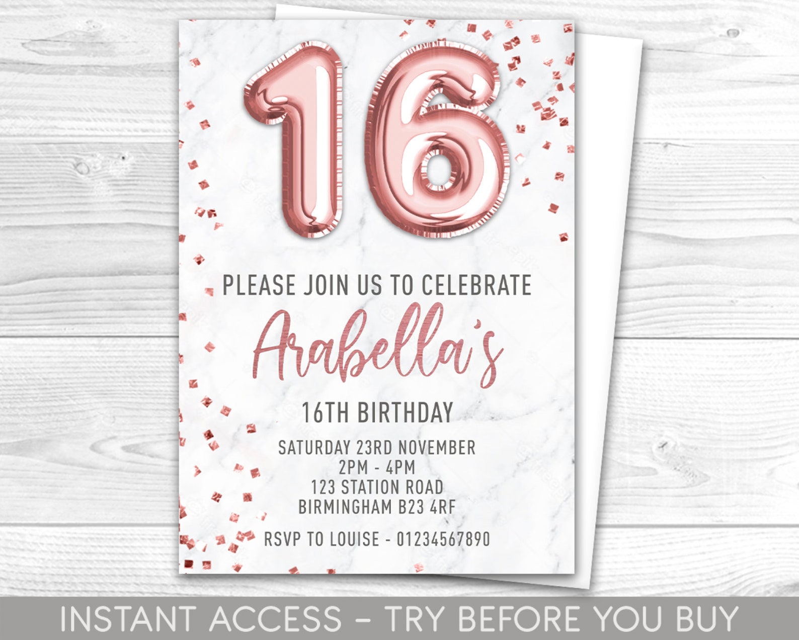 16th Birthday Invitation Editable 16th Invite, Marble Rose Gold Pink ...