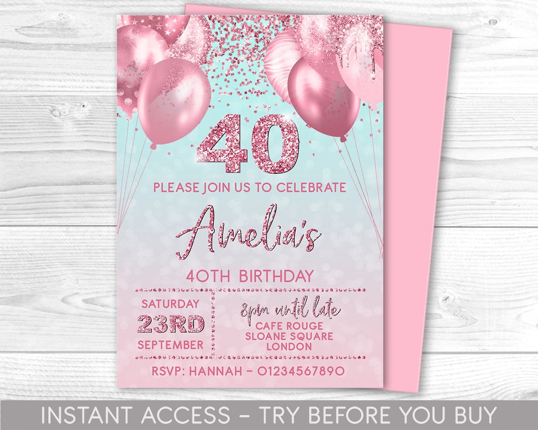 40th Birthday Invitation Editable 40th Invite Pink Pastel Invitation ...