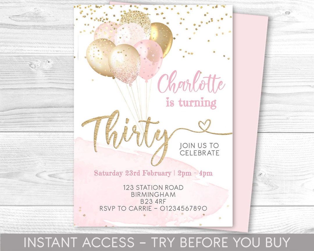 30th Birthday Invitation, Pink and Gold Balloons, Editable Party Invite ...