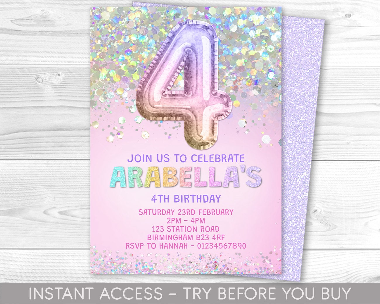 Editable 4th Birthday Invitation Template Rainbow Glitter - Etsy