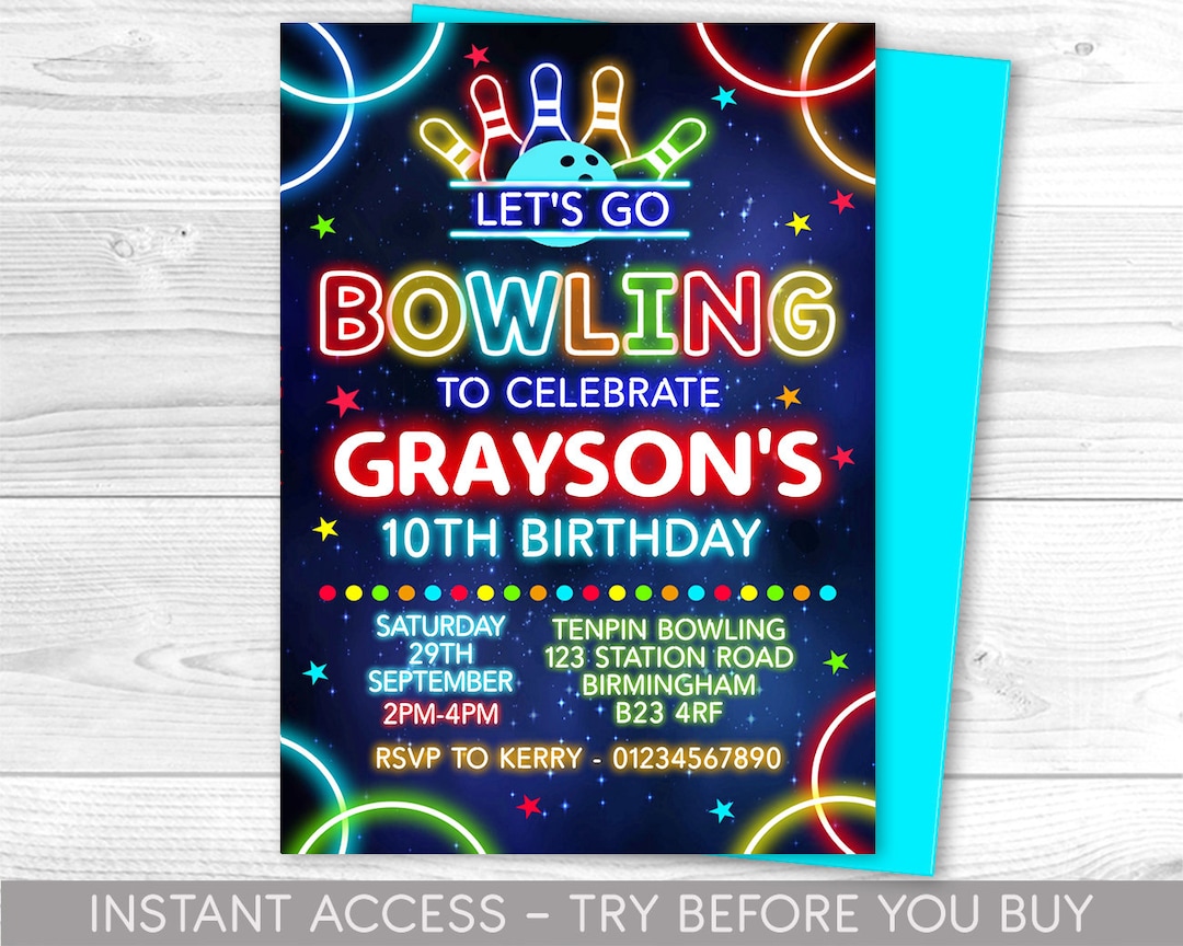 Bowling Party Invitation, Personalised, Printable, Digital File, Invite ...