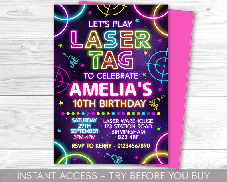 Editable Laser Tag Birthday Invitation - Laser Tag Game Party Invite ...