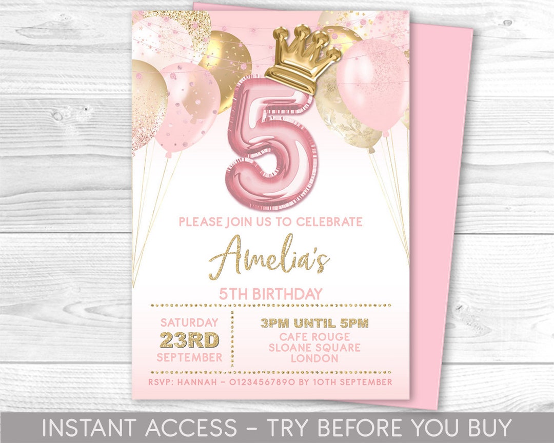 5th Birthday Invitation, Pink Princess Crown Birthday Invite, Princess ...