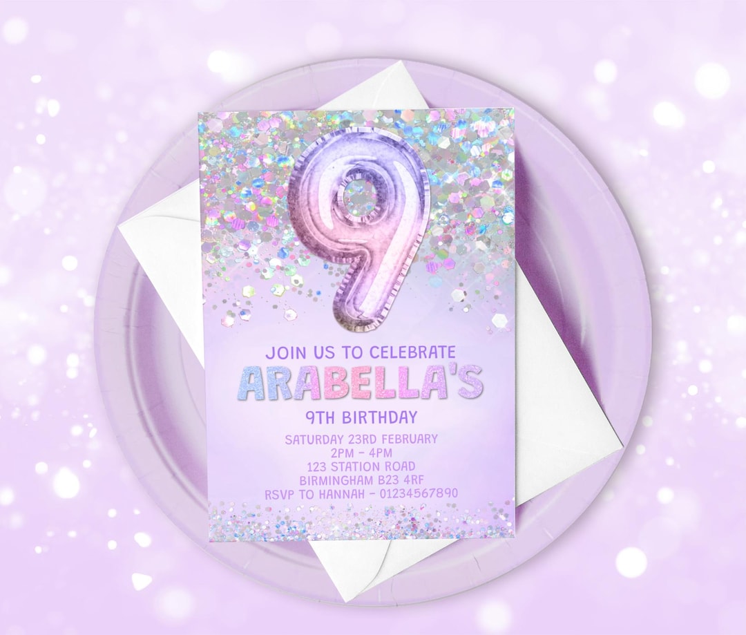 Editable 9th Birthday Invitation Template Rainbow Lilac Glitter ...
