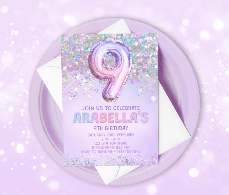 Editable 9th Birthday Invitation Template Rainbow Lilac Glitter ...