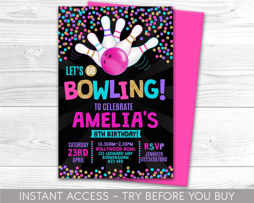 Bowling Party Invitation, Personalised, Printable, Digital File, Invite ...