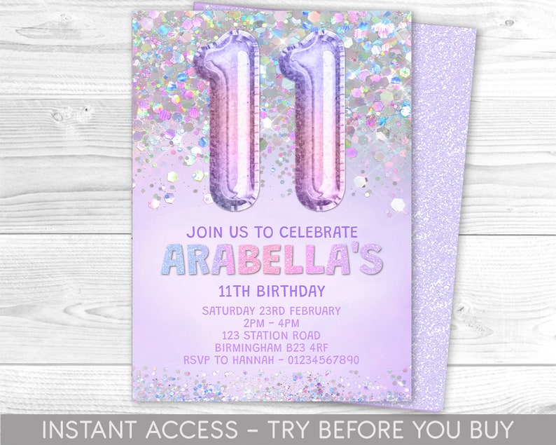 Editable 11th Birthday Invitation Template Rainbow Lilac Glitter ...