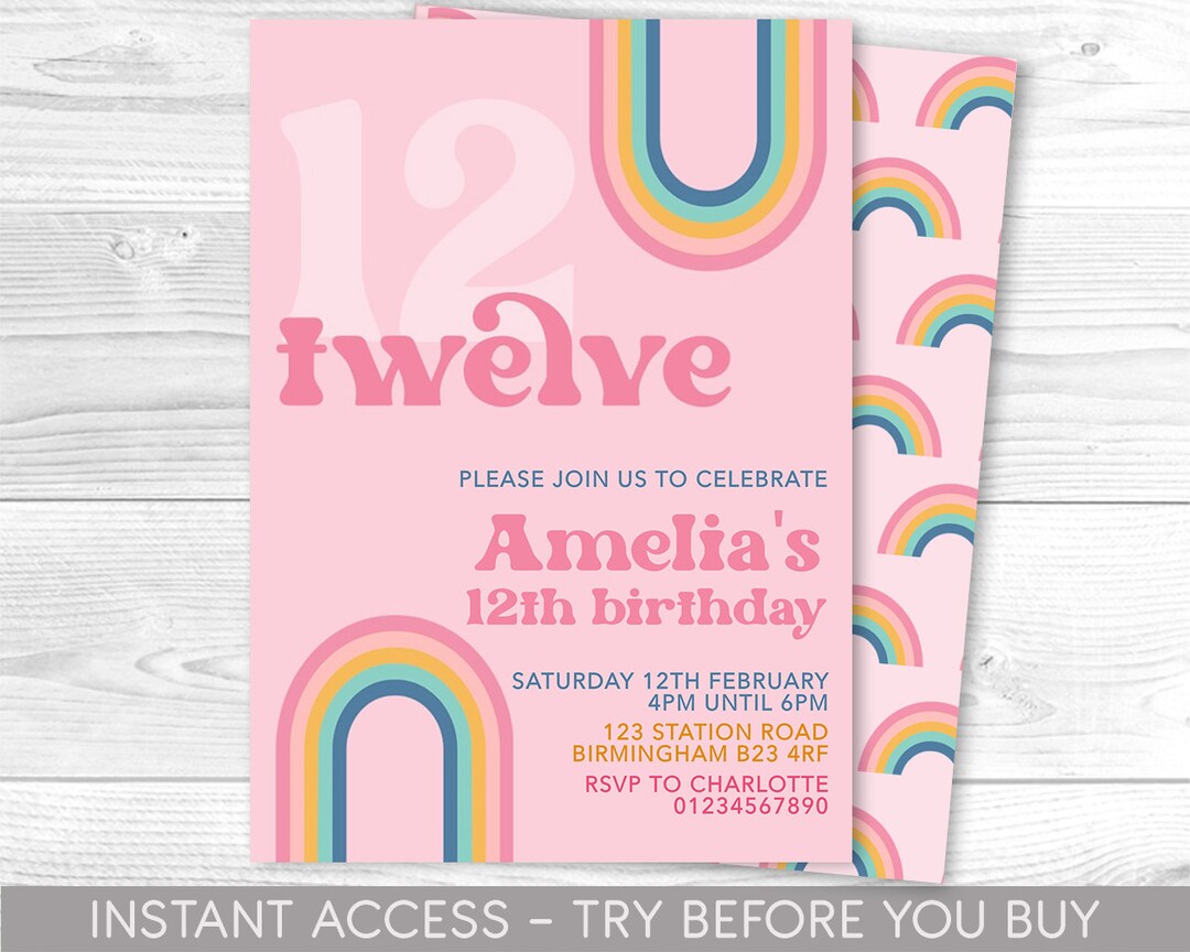 Editable 12th Birthday Invitation Template Rainbow Pink Birthday Invite ...
