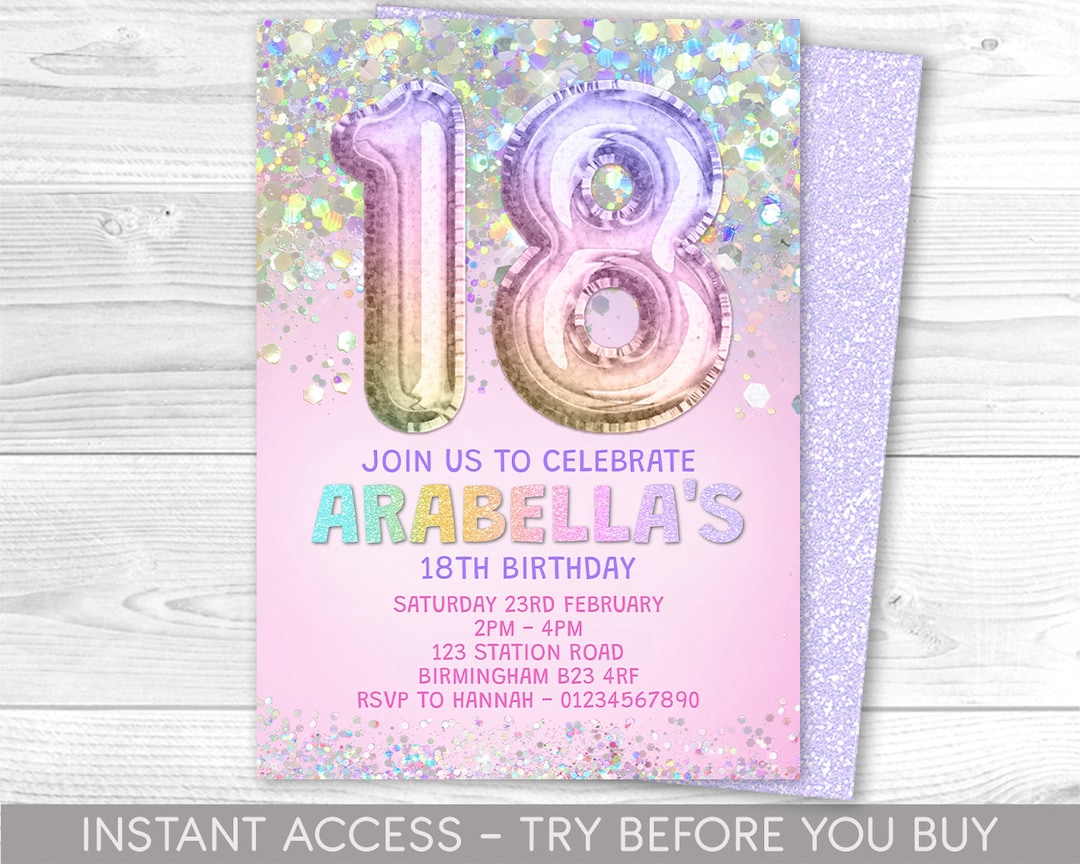 Editable 18th Birthday Invitation Template Rainbow Glitter Birthday ...