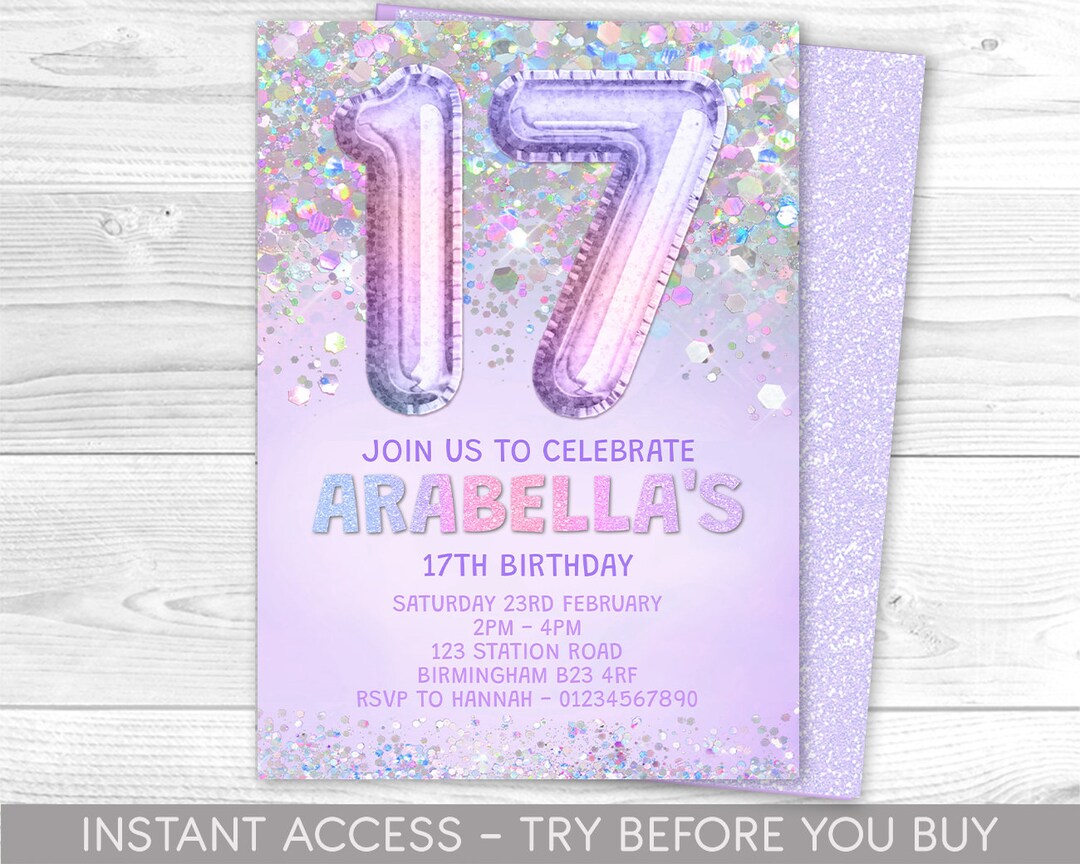 Editable 17th Birthday Invitation Template Rainbow Glitter Birthday ...