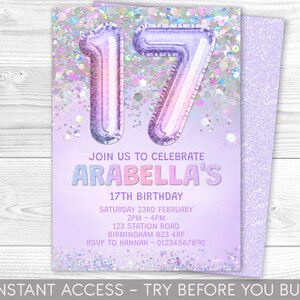 Editable 17th Birthday Invitation Template Rainbow Glitter Birthday ...