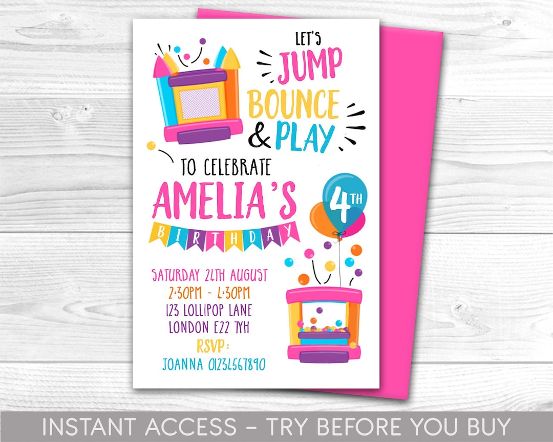 Jump Bounce Play Invitation Jump Birthday Invitation Party Bounce House ...