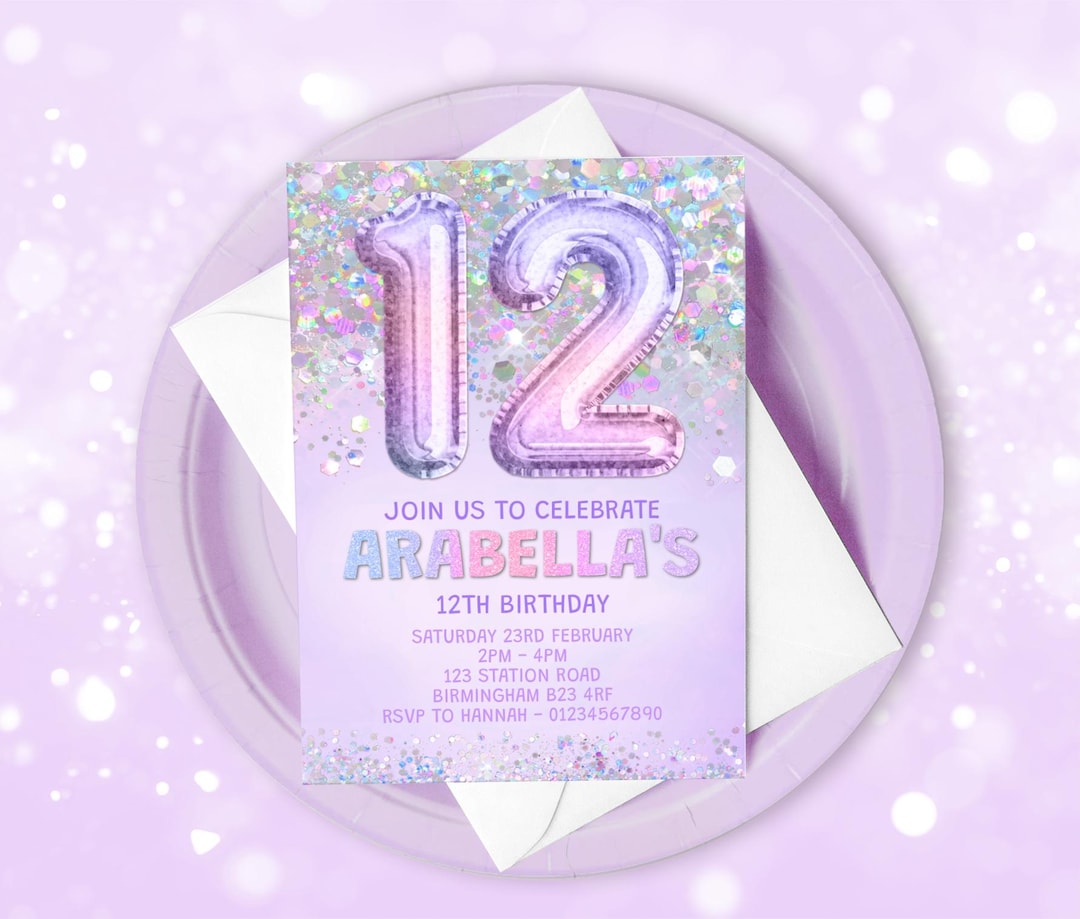 Editable 12th Birthday Invitation Template Rainbow Lilac Glitter ...