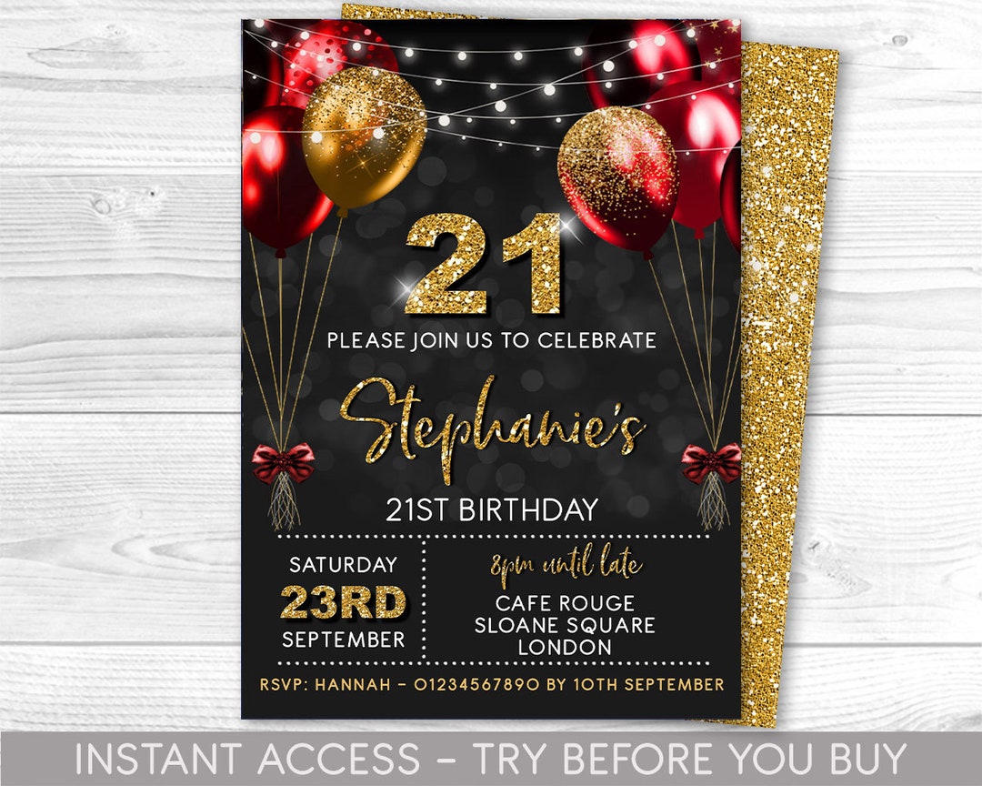 21st Birthday Invitation Editable 21st Invite Red Black Gold Invitation ...