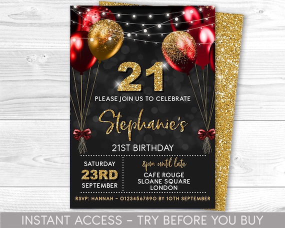 21st Birthday Invitation Editable 21st Invite Red Black Gold - Etsy