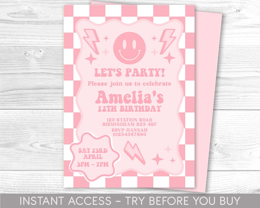 Editable Preppy Let's Celebrate Smile Face Birthday Invitation Template ...