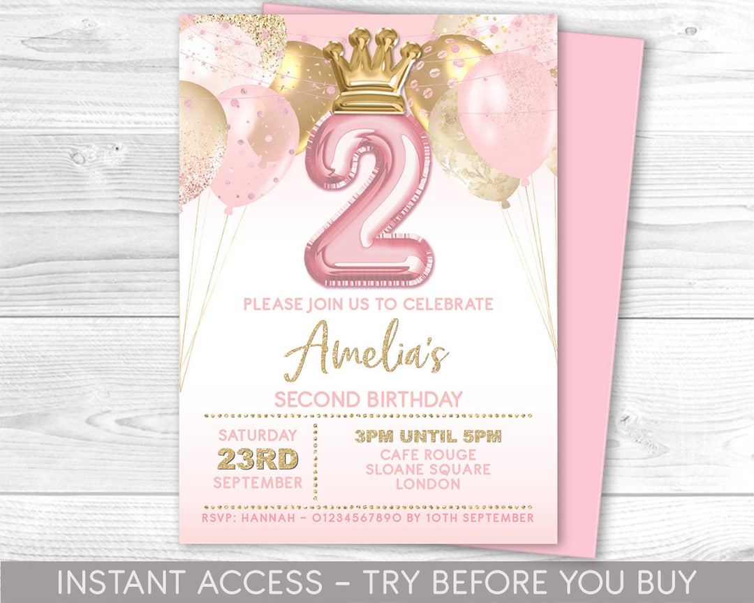 2nd Birthday Invitation, Pink Princess Crown Birthday Invite, Princess ...