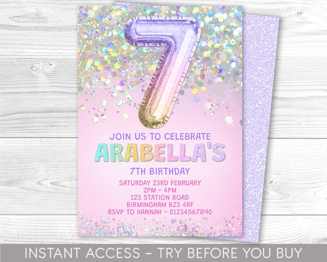 Editable 7th Birthday Invitation Template Rainbow Glitter Birthday ...