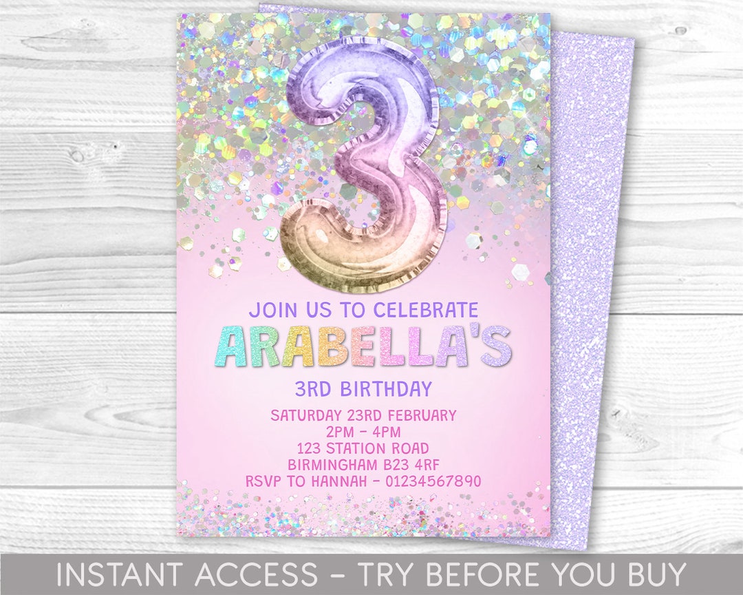 Editable 3rd Birthday Invitation Template Rainbow Glitter Birthday ...