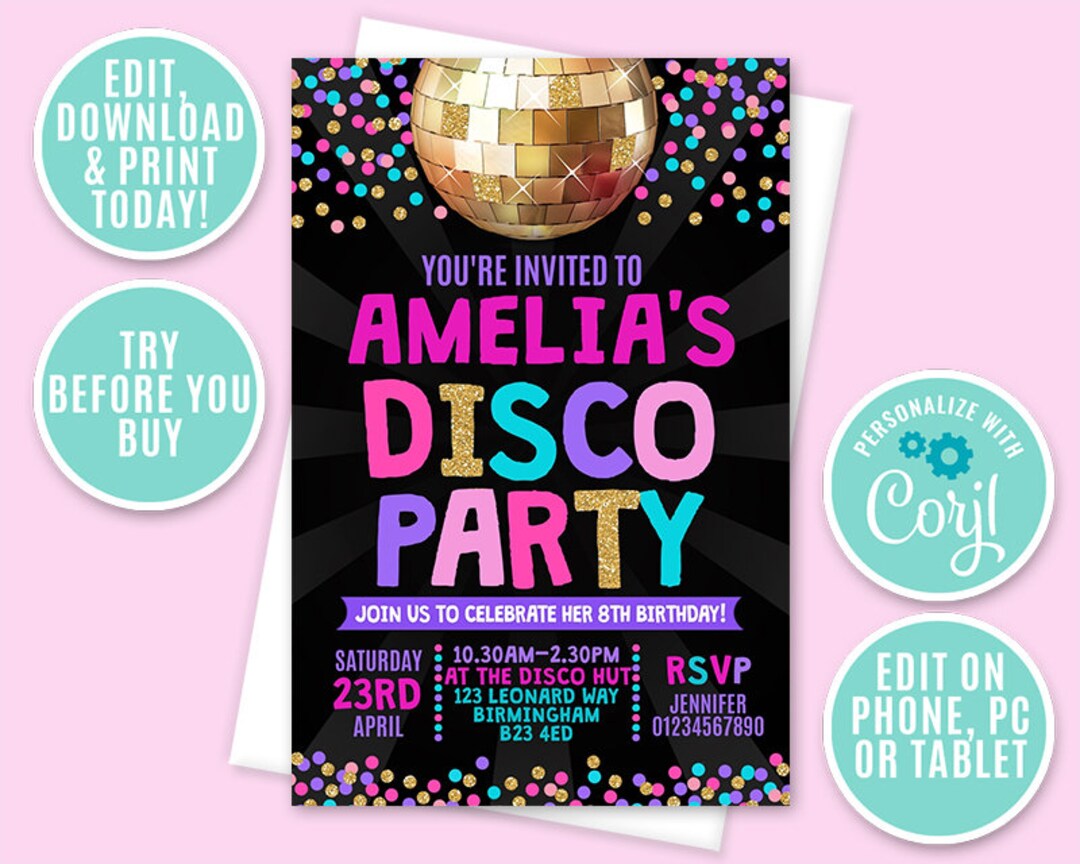 Disco Party Invitation Personalised Printable Digital File Etsy UK