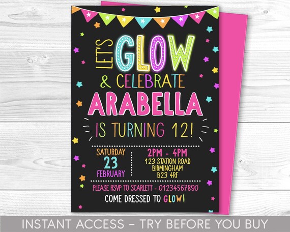 Glow Party Invitation Personalised Printable Digital File - Etsy