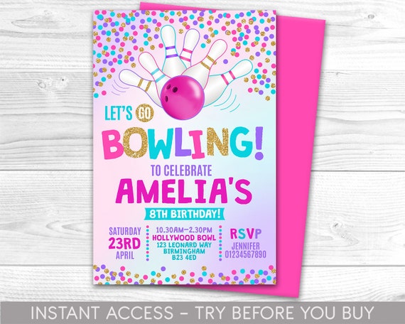Printable Girls Bowling Party Invitations