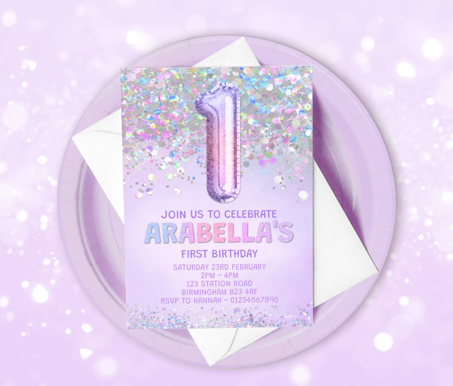 Editable 1st Birthday Invitation Template Rainbow Lilac Glitter ...