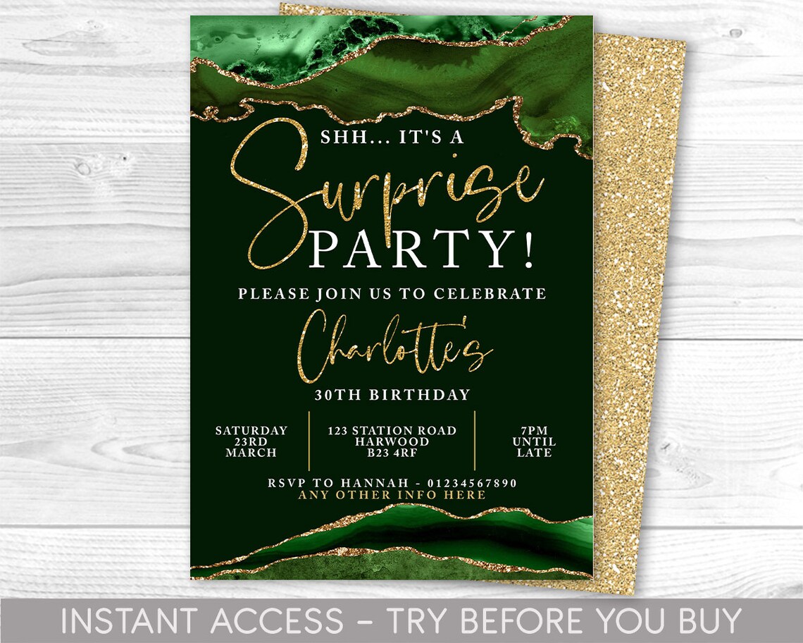 Surprise Party Invitation, Green Gold Agate, Surprise Birthday Invite ...