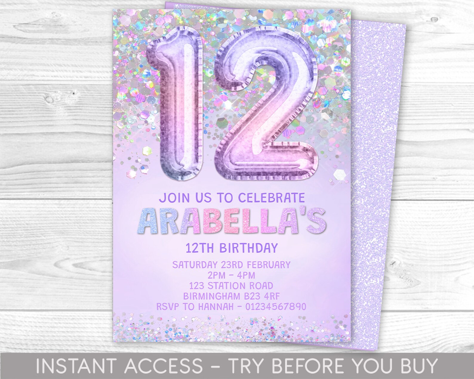 Editable 12th Birthday Invitation Template Rainbow Lilac Glitter ...