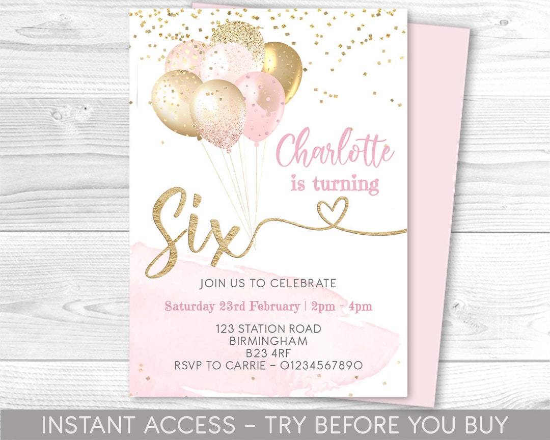 6th Birthday Invitation, Pink and Gold Balloons, Editable Party Invite ...
