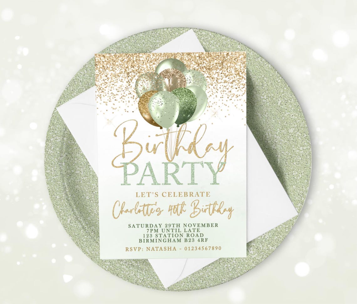 Sage Green Party Invitation, Sage Green and Gold, Green Birthday Invite ...