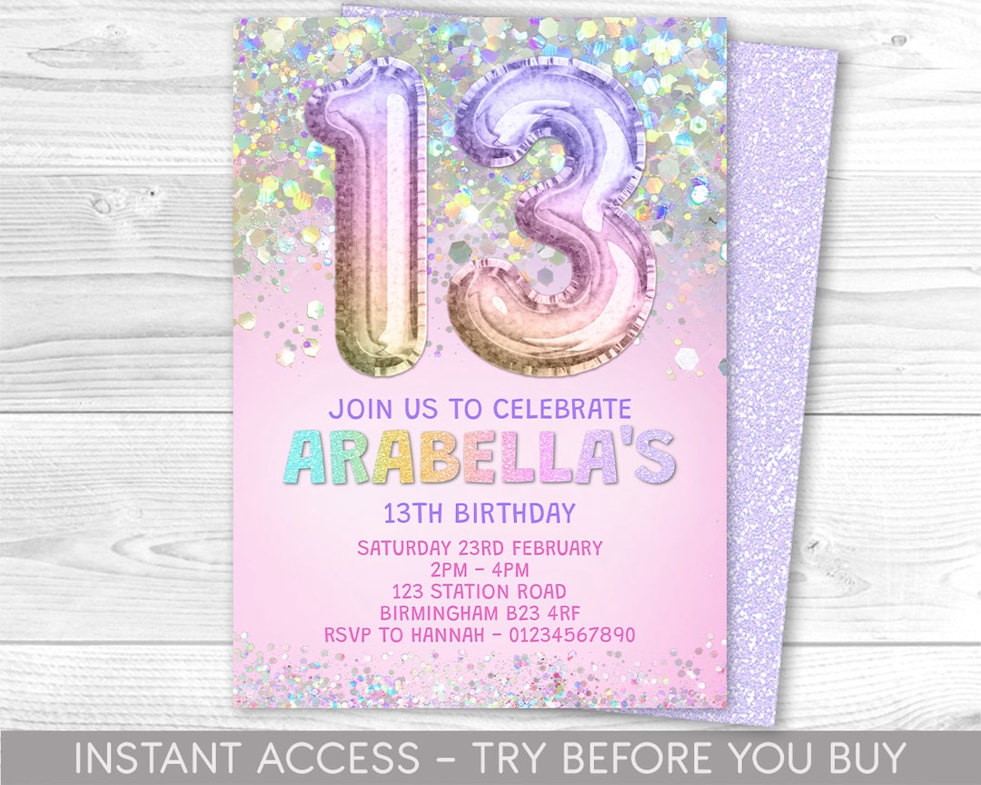 Editable 13th Birthday Invitation Template Rainbow Glitter Birthday ...