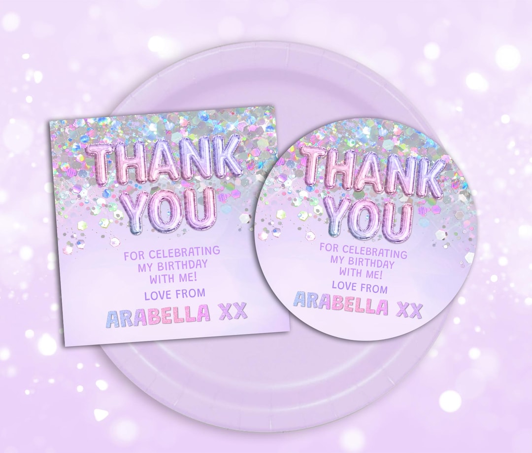 Editable Birthday Thank You Sticker Template Rainbow Glitter Birthday ...