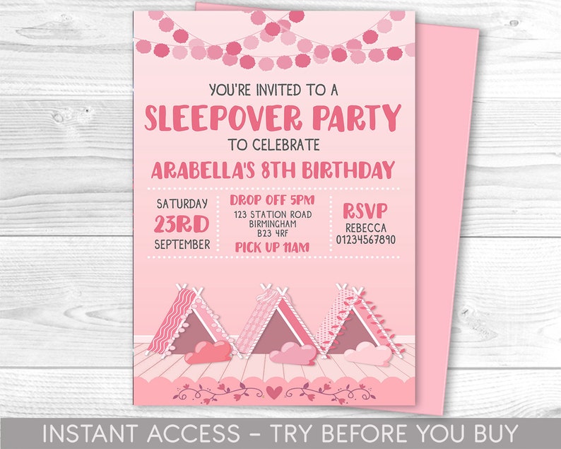 Sleepover Party Invitation, Slumber Party Invite, Sleepover Tent Party ...