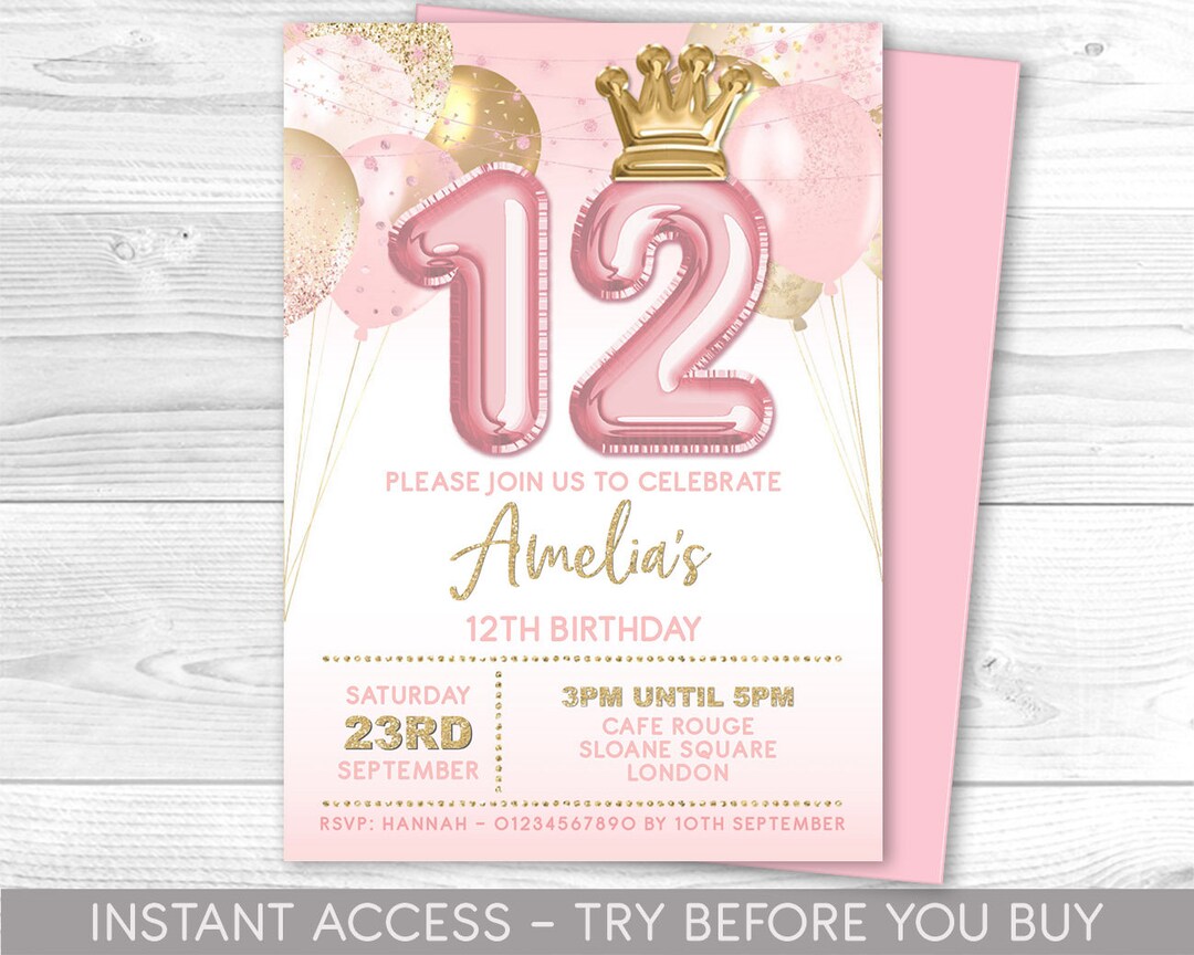 12th Birthday Invitation, Pink Princess Crown Birthday Invite, Princess ...