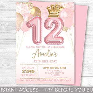 12th Birthday Invitation, Pink Princess Crown Birthday Invite, Princess ...