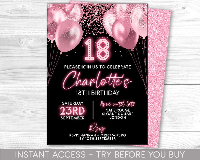 18th Birthday Invitation Editable 18th Invite Pink Neon Black ...