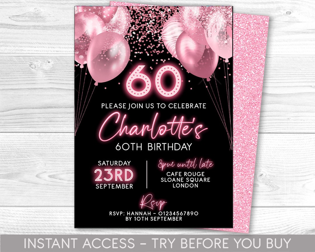 60th Birthday Invitation Editable 60th Invite Pink Neon Black ...