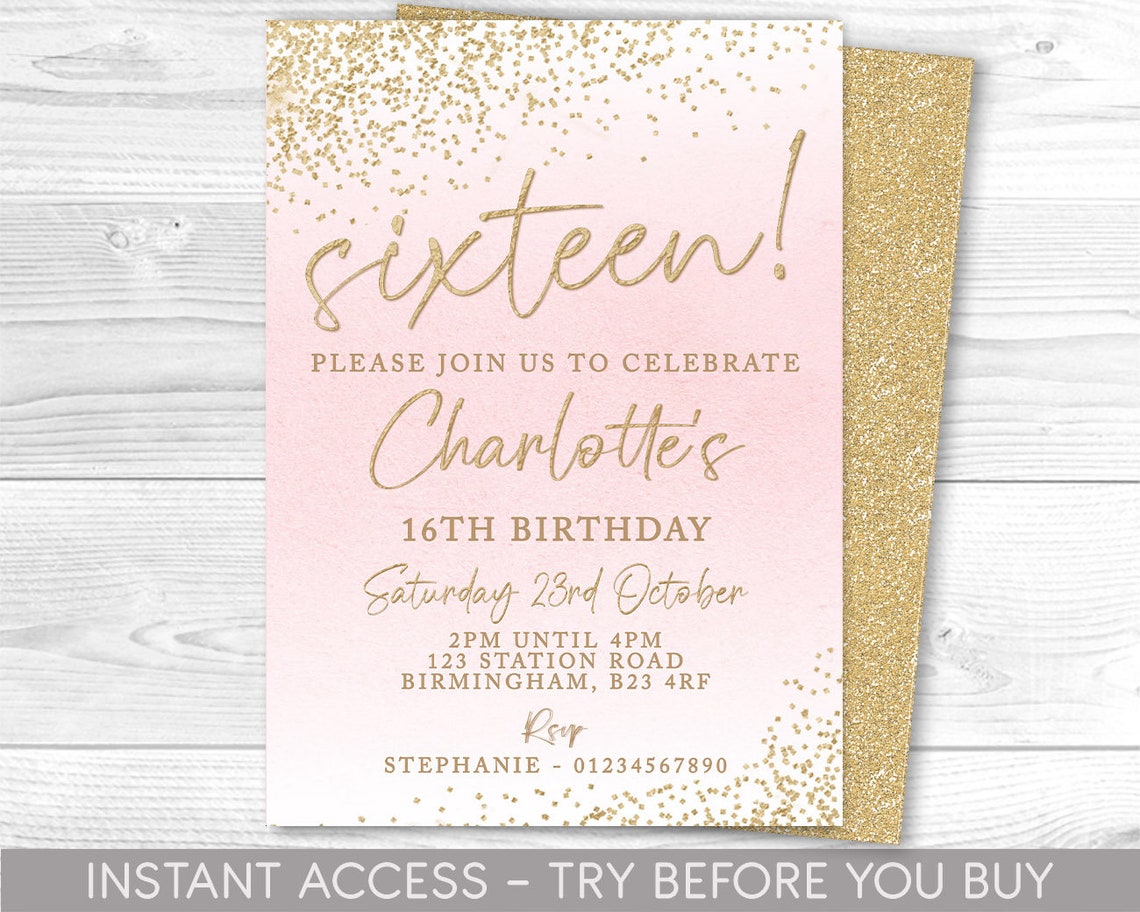 16th Birthday Invitation Editable 16th Invite Pink and Gold - Etsy