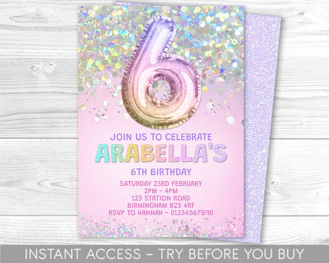 Editable 6th Birthday Invitation Template Rainbow Glitter Birthday ...