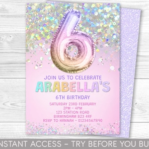 Editable 6th Birthday Invitation Template Rainbow Glitter Birthday ...