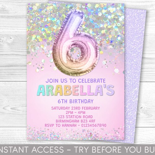 Editable 6th Birthday Invitation Template Rainbow Glitter - Etsy Australia