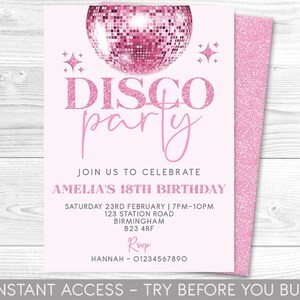 Disco Party Invitation, Personalised, Printable, Digital File, Pink ...