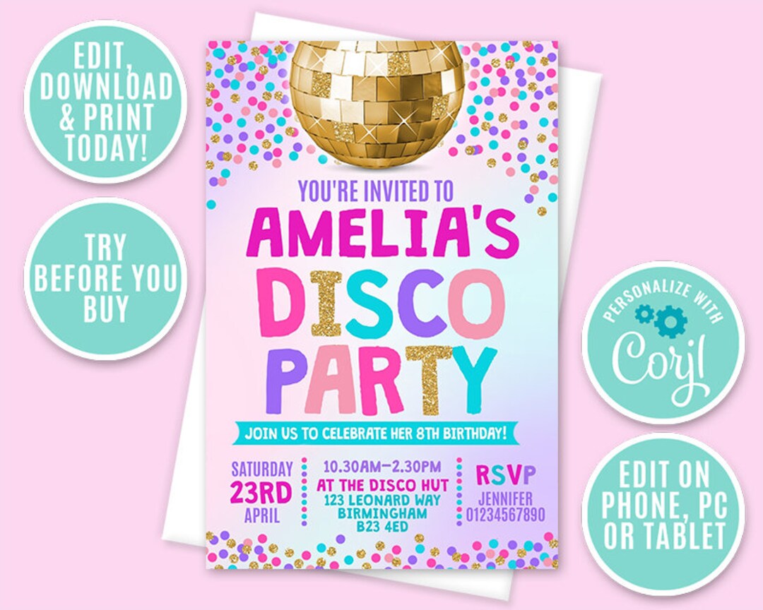 Disco Party Invitation, Personalised, Printable, Digital File, Dance ...
