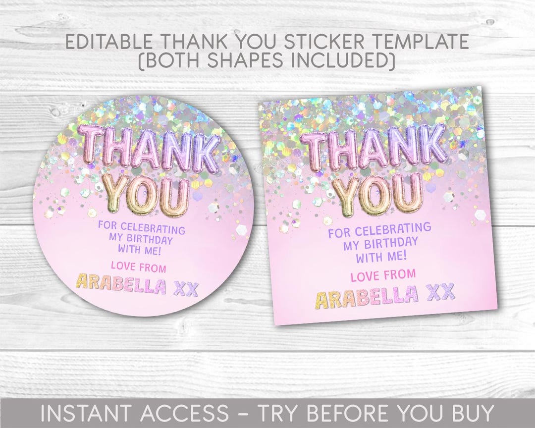 Editable Birthday Thank You Sticker Template Rainbow Glitter Birthday ...