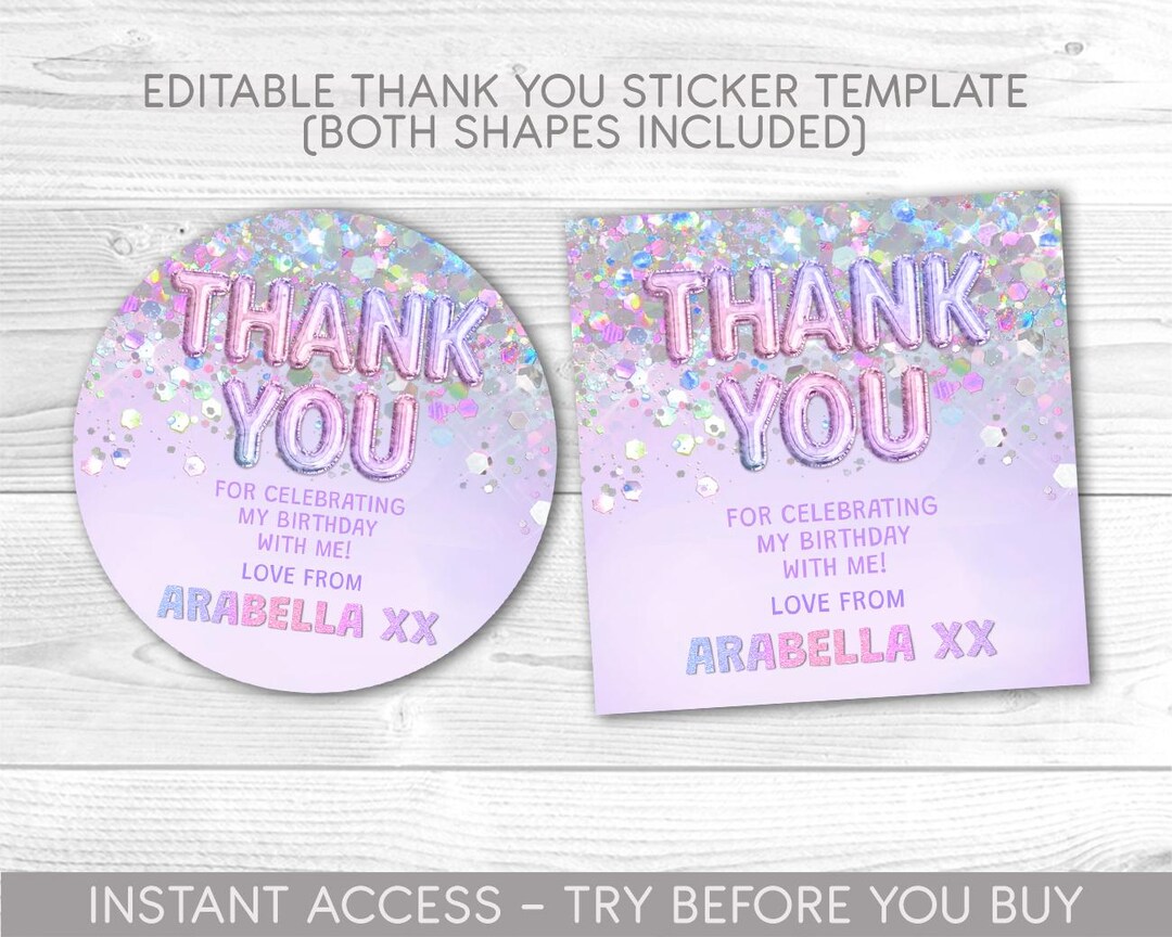 Editable Birthday Thank You Sticker Template Rainbow Glitter Birthday ...