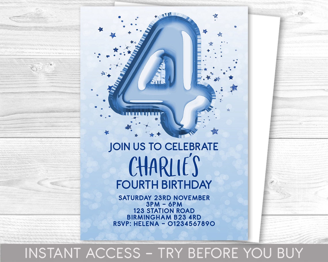 4th Birthday Invitation Editable 4th Invite, Blue, Boys Invitation ...